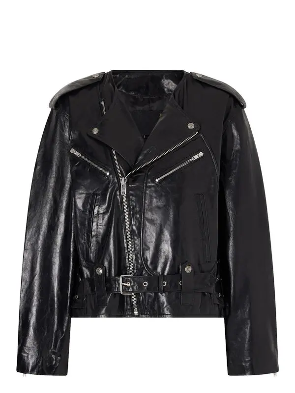 R13 Belted Embellished Leather Biker Jacket - Black