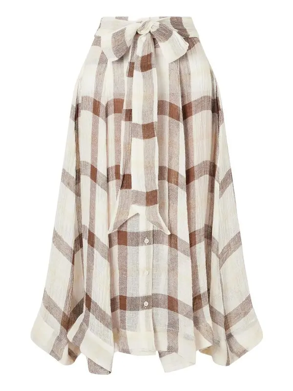 Lisa Marie Fernandez Tie-detailed Checked Linen-blend Gauze Midi Skirt - Neutrals