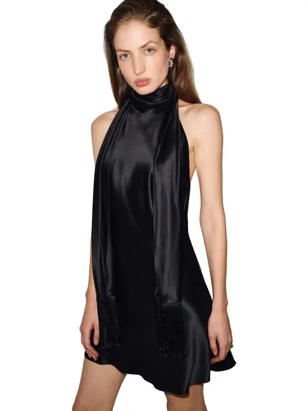 REFORMATION Silk Dress With Fringe Scarf - Black