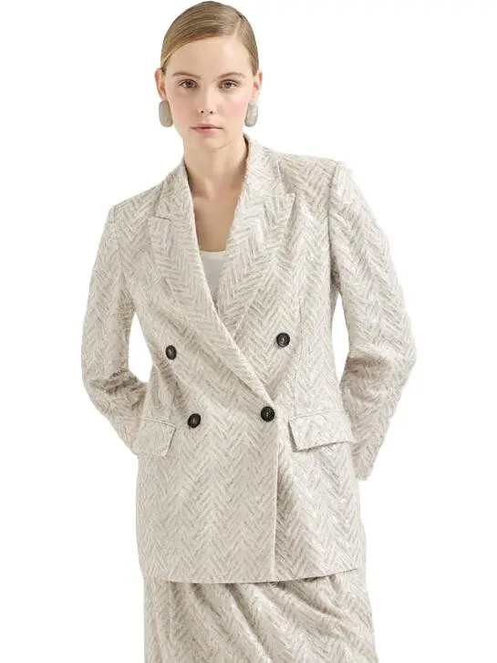 Brunello Cucinelli Chevron Embroidered Linen Blazer - Beige