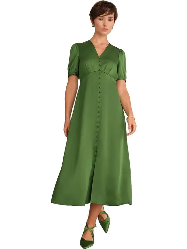 HOBBS LONDON Button-front Puff Sleeve Midi Dress - Bay Leaf Green