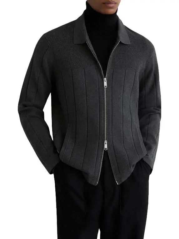 REISS Wide Rib Zip Cardigan - Charcoal Melang