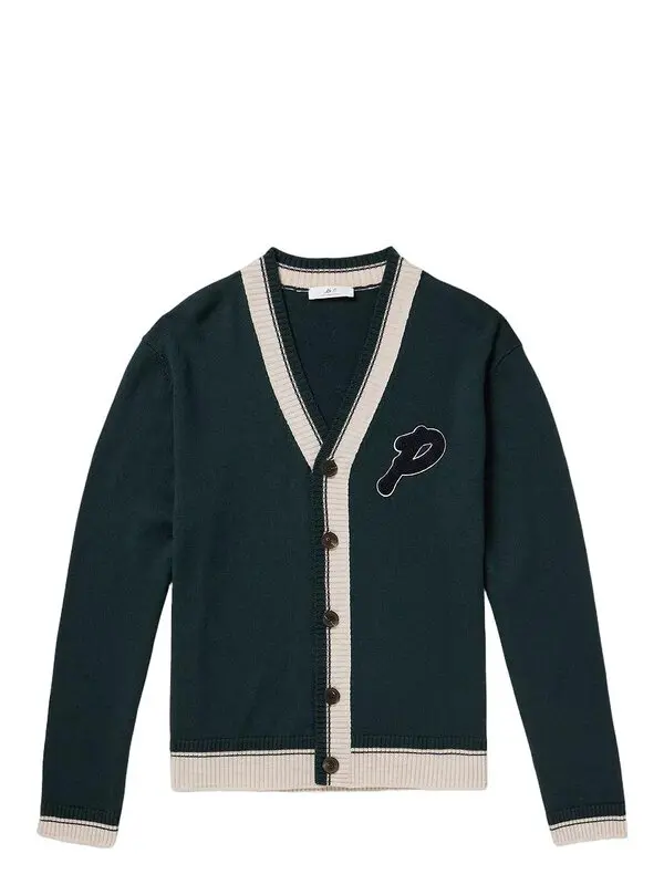 Mr P. Golf Logo-appliquéd Striped Merino Wool Cardigan - Dark Green