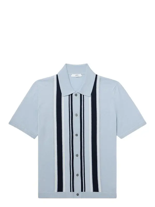Mr P. Golf Striped Merino Wool Polo Shirt - Light Blue
