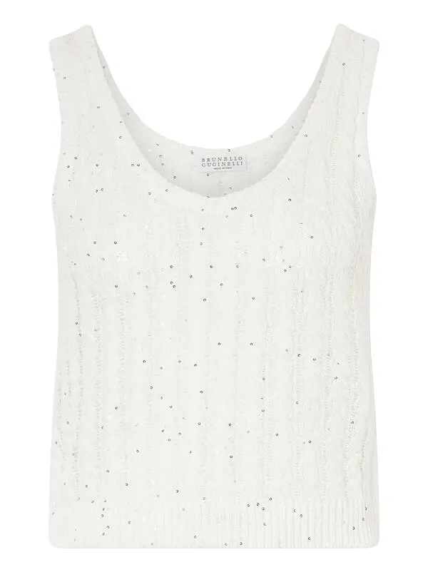 Brunello Cucinelli Sequin-embellished Linen-blend Tank - White