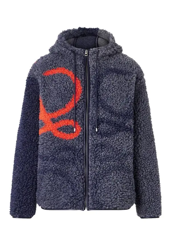 Loewe Leather-trimmed Fleece-jacquard Hooded Jacket - Blue