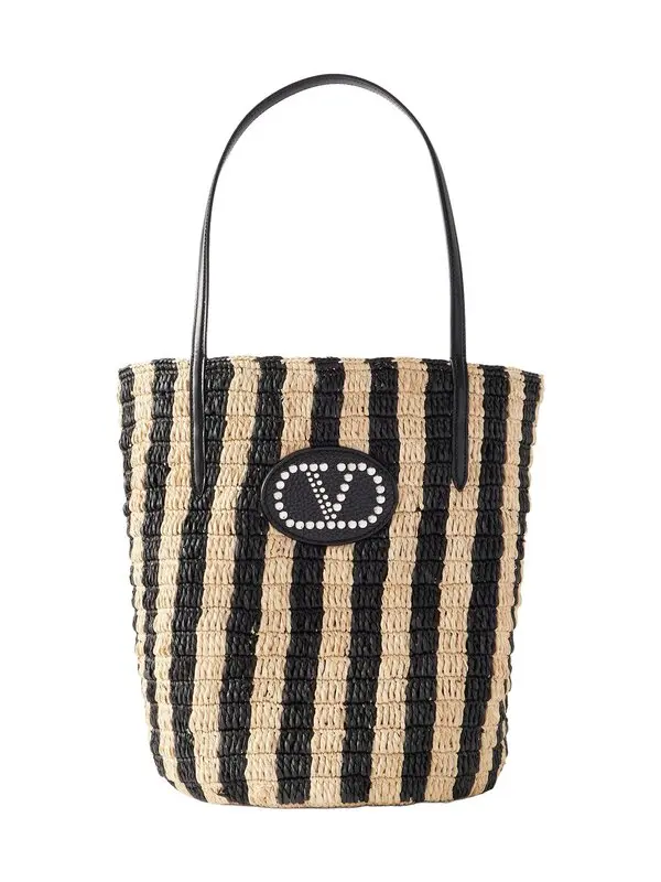 Valentino Garavani Vlogo Signature Small Leather-trimmed Striped Raffia Bucket Bag - Black