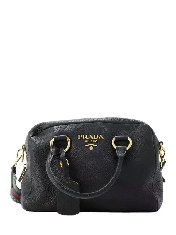 Prada Striped Strap Convertible Bauletto Bag Vitello Phenix Medium - Black