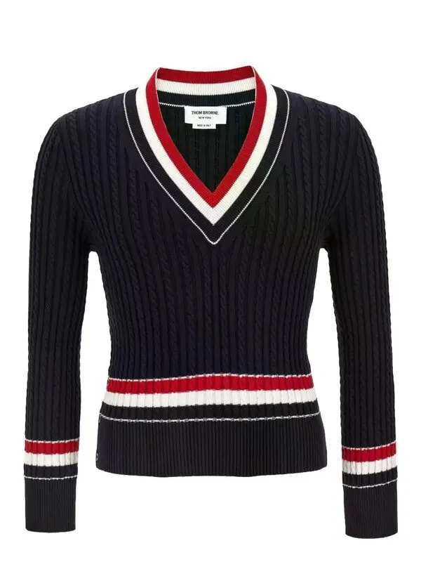 Thom Browne Braid Tape V-neck Cotton Sweater - Blue