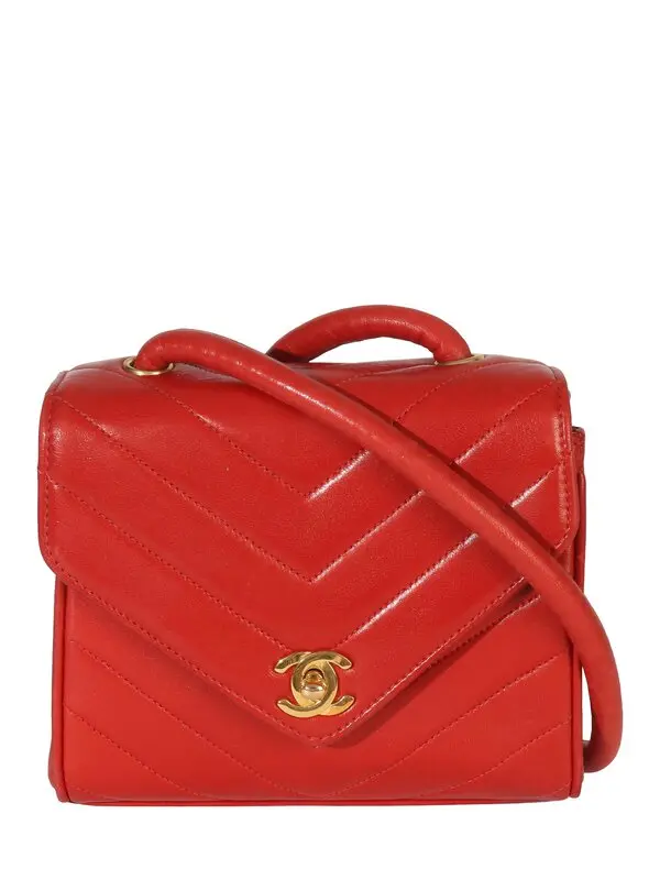 Chanel Vintage 24k Chevron Lambskin Cc Square Flap Bag - Red