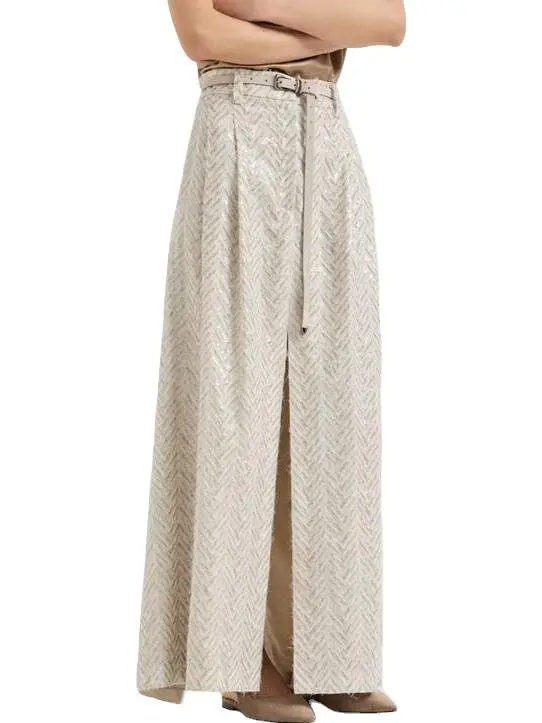 Brunello Cucinelli Chevron Embroidered Linen Skirt - Beige