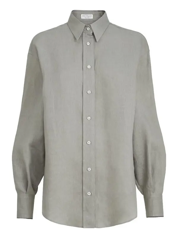 Brunello Cucinelli Linen Button Down Shirt With Monili Detail - Khaki