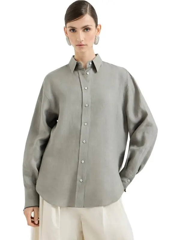 Brunello Cucinelli Linen Button Down Shirt With Monili Detail - Khaki