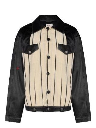 PCFG Silk & Linen Blend Striped Vegan Leather Jacket - Grey