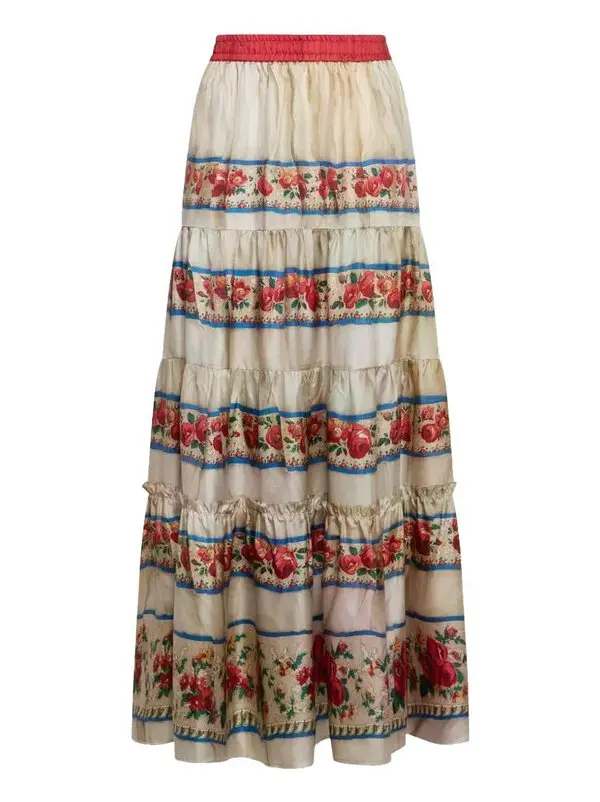 PIERRE-LOUIS MASCIA Floral-print Tiered Maxi Skirt - Neutrals
