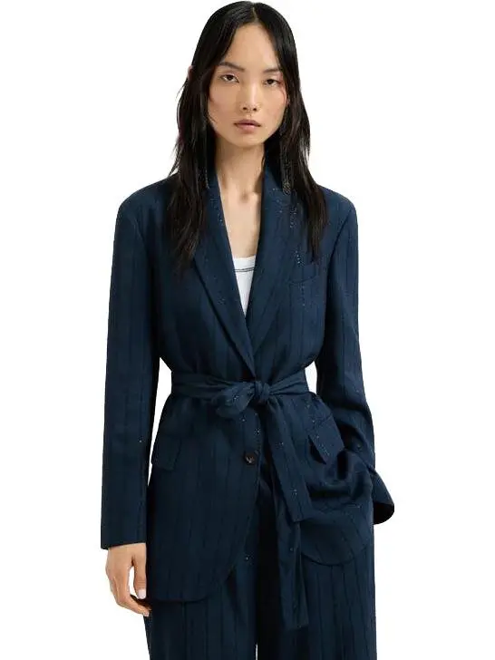 Brunello Cucinelli Striped Blazer With Belt - Blue
