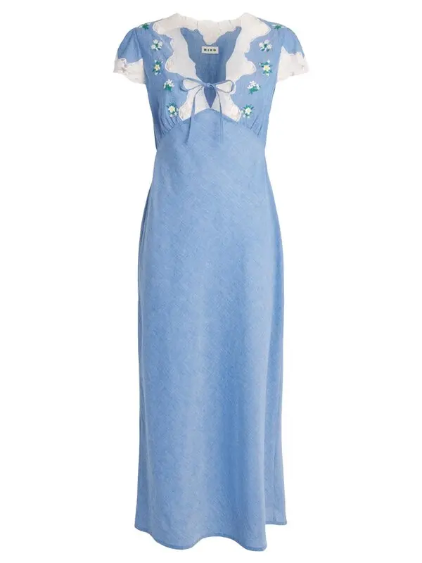Rixo Embroidered Amari Bud Midi Dress - Blue