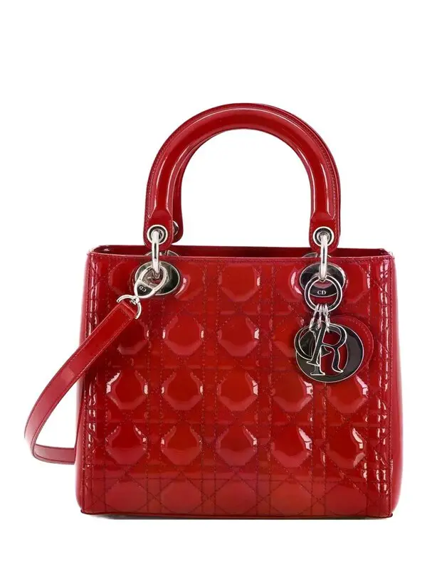 Dior Lady Cannage Quilt Patent Medium Satchel - Red