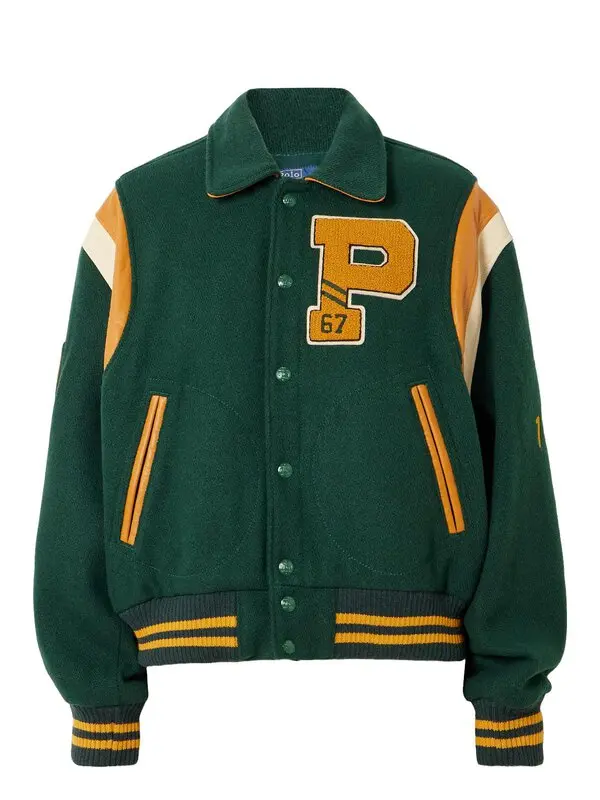 Polo Ralph Lauren Appliquéd Striped Leather-trimmed Wool-blend Varsity Jacket - Green