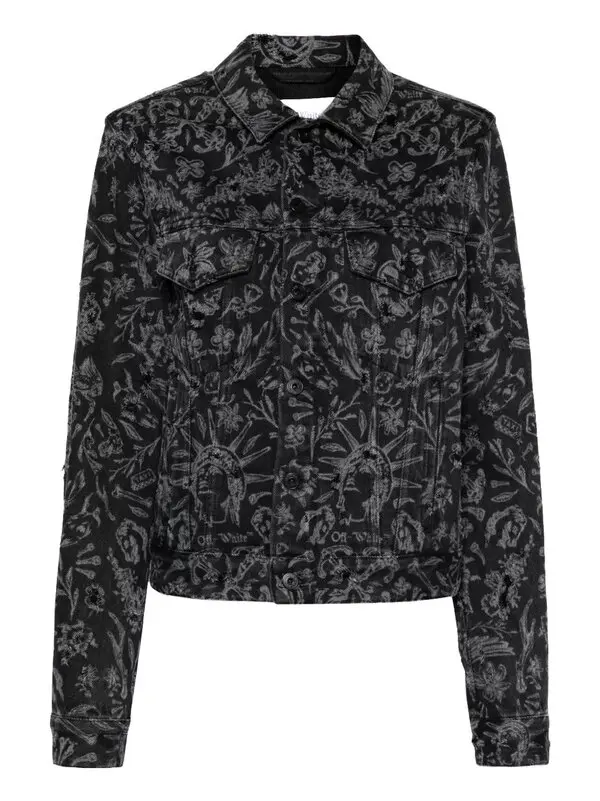 Off-White Tattoo Distressed Denim Jacket - Black
