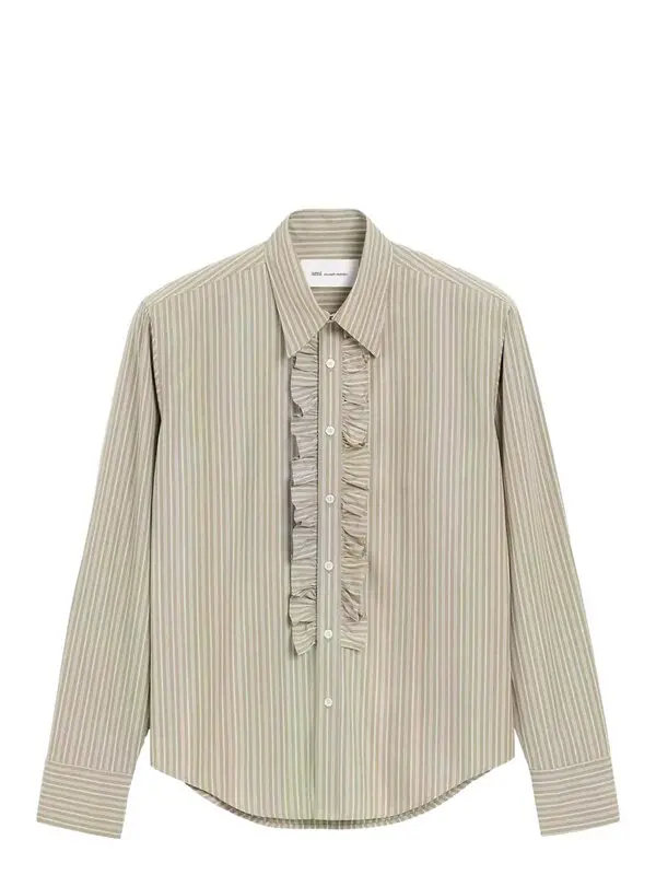 AMI Paris Ruffled-detail Long-sleeve Striped Shirt - Neutrals