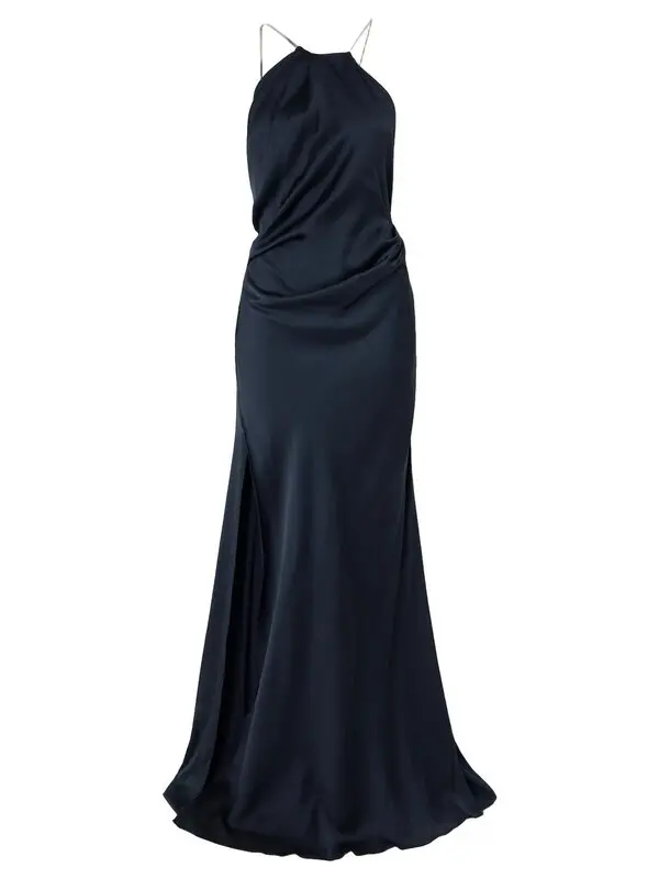 Victoria Beckham Chain-embellished Draped Satin Halterneck Gown - Blue
