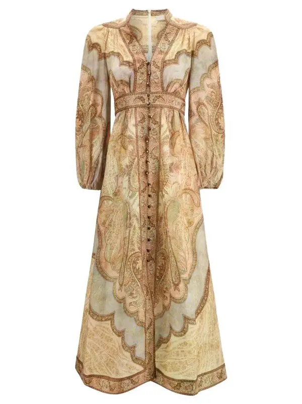 Zimmermann Wanderlust Plunge Paisley Midi Dress - Neutrals