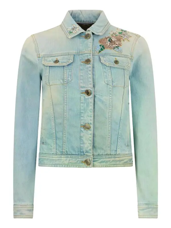 MOORER Floral-embroidered Denim Jacket - Blue