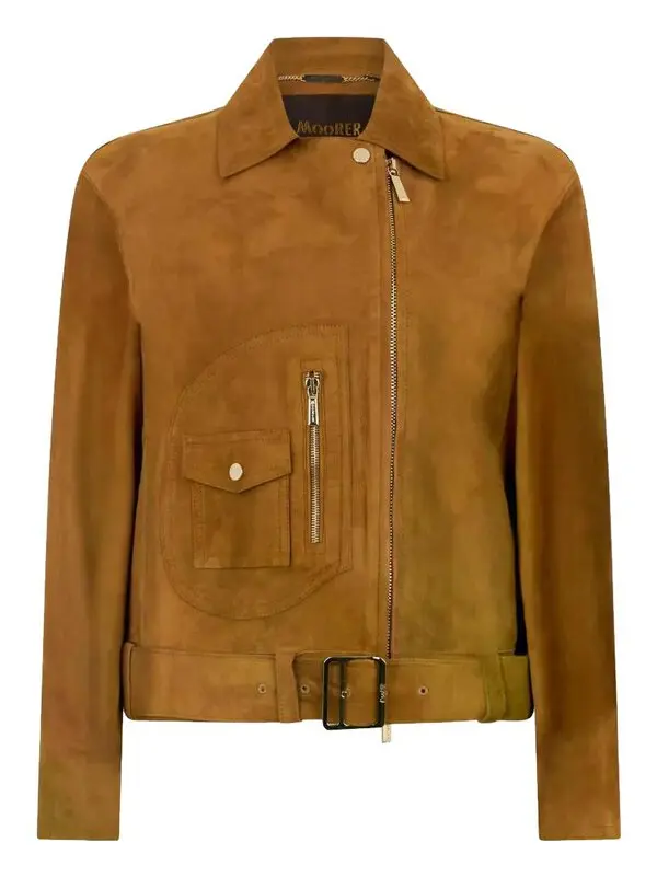 MOORER Belted Suede Jacket - Brown