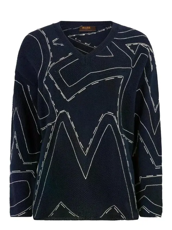 MOORER Geometric V-neck Pullover - Blue