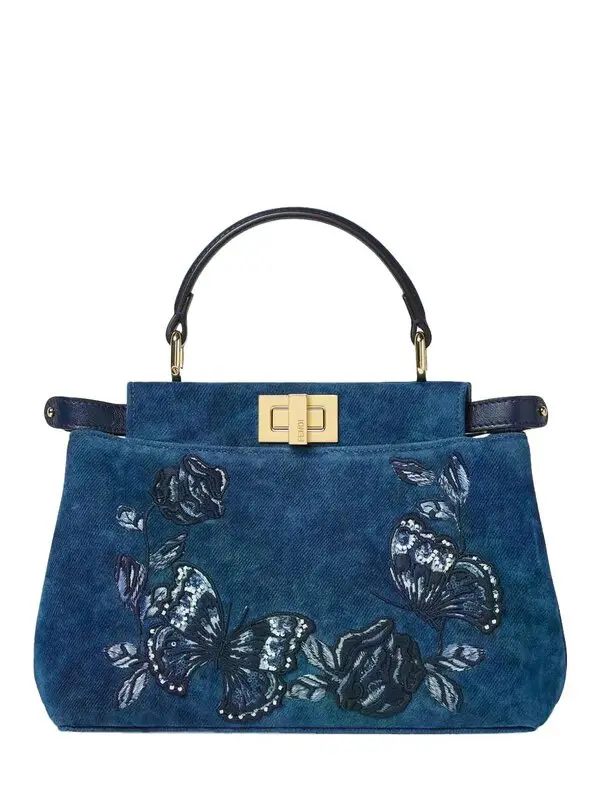 Fendi Mini Peekaboo Floral-embroidered Denim Tote - Blue