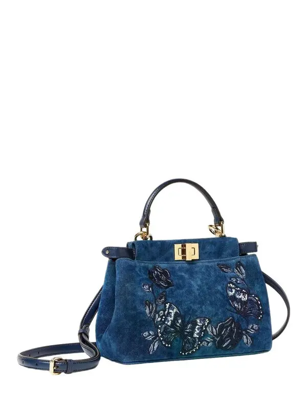 Fendi Mini Peekaboo Floral-embroidered Denim Tote - Blue