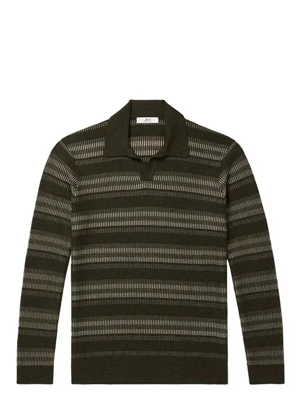 Mr P. Striped Ribbed Merino Wool Polo Sweater - Army Green