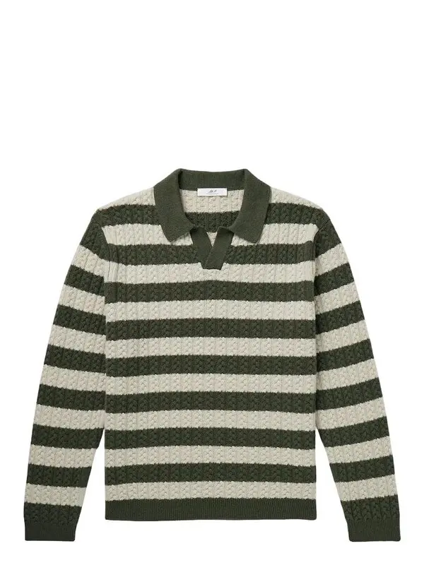 Mr P. Striped Cable-knit Wool Polo Shirt - Army Green