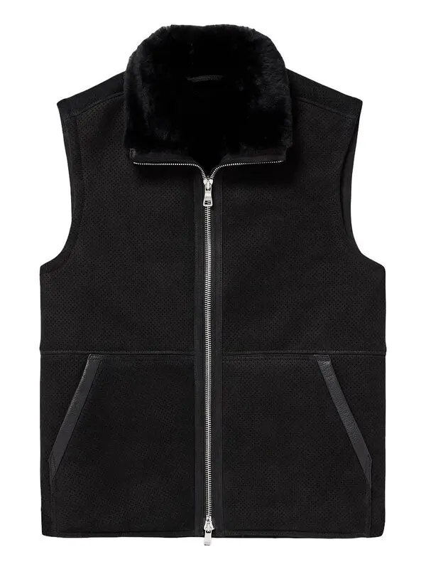Mr P. Leather-trimmed Perforated Shearling Vest - Black