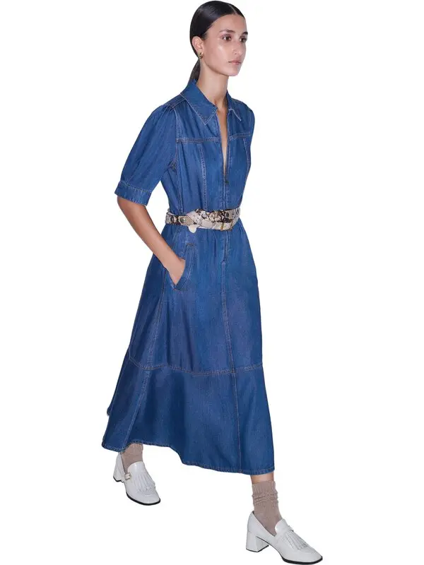 ME+EM Fit And Flare Midi Dress With Belt - Mid Blue Wash