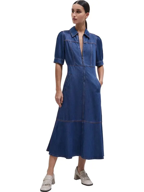 ME+EM Fit And Flare Midi Dress With Belt - Mid Blue Wash