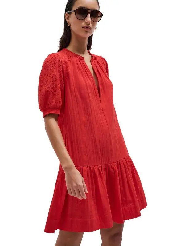 ME+EM Embroidered Cheesecloth Short Dress - Poppy Red