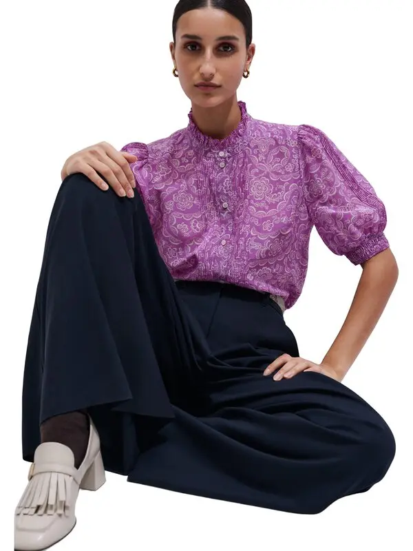 ME+EM Silk Cotton Lace Print Blouse - Purple/light Cream