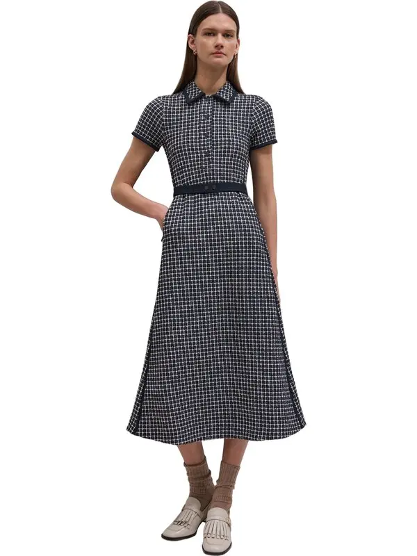 ME+EM Textured Midi Dress With Belt - Navy Multi
