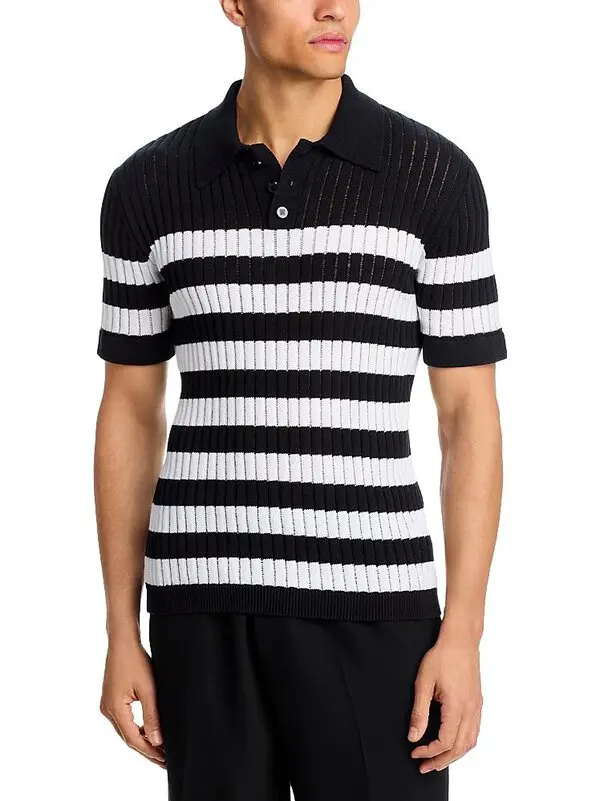 Balmain Mariniere Short Sleeve Textured Polo Sweater - Black/white