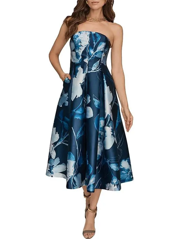 Donna Karan New York Strapless Floral Print Midi Dress - Nightfall/ Washed Indigo
