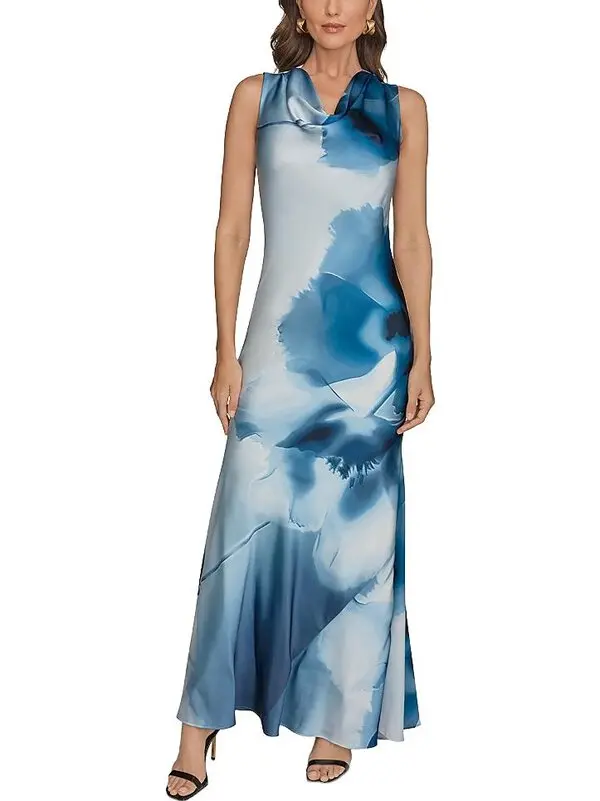 Donna Karan New York Printed Charmeuse Cowl Neck Gown - Washed Indigo