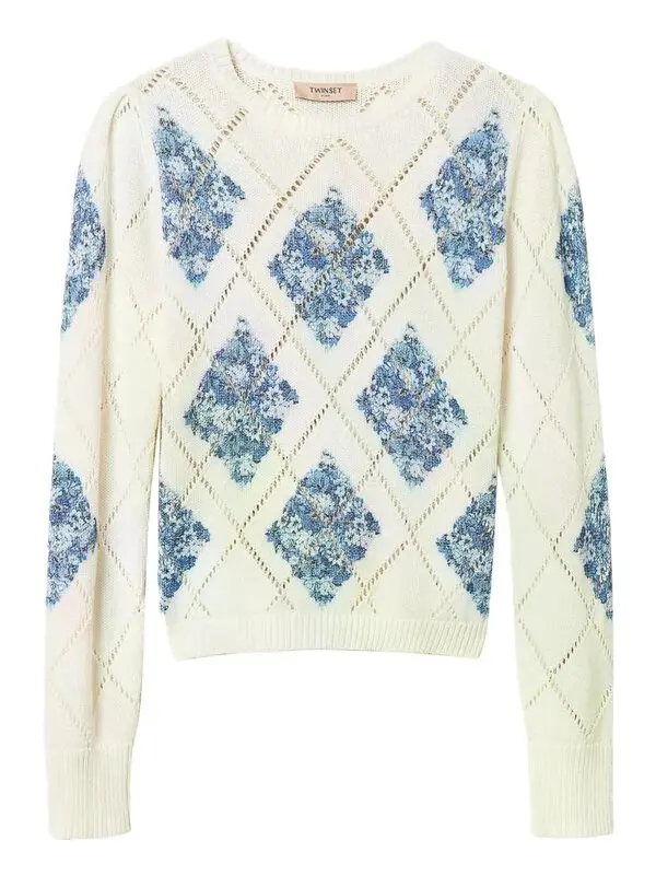 TWINSET Diamond-pattern Floral Knit Sweater - White