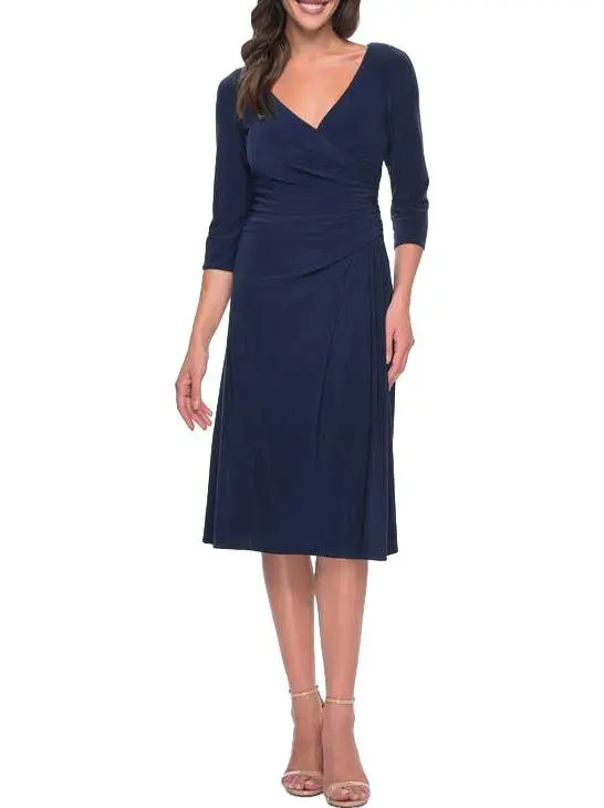 La Femme Jersey Tea Length Dress With Ruching - Navy