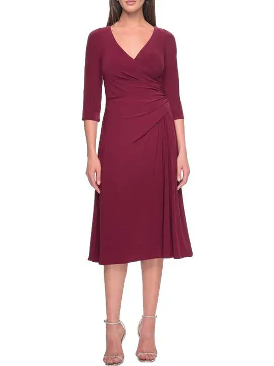LABOMME Jersey Tea Length Dress With Ruching - Wine