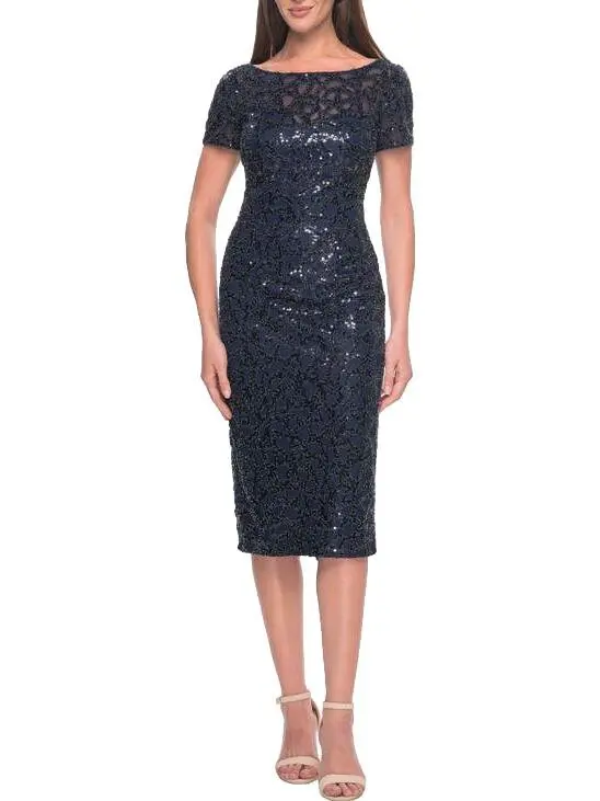La Femme Short Evening Dress With Beaded Sequin Design - Navy