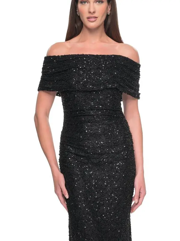 LABOMME Off-the-shoulder Beaded Lace Gown - Black