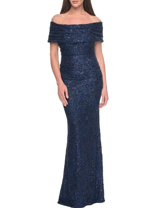 LABOMME Off-the-shoulder Beaded Lace Gown - Navy