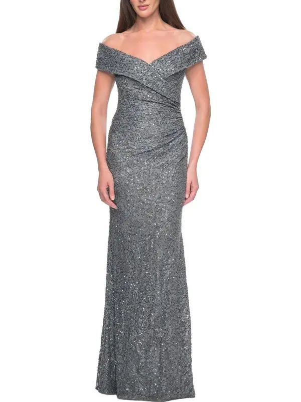 LABOMME Off-the-shoulder Beaded Lace Gown - Gunmetal